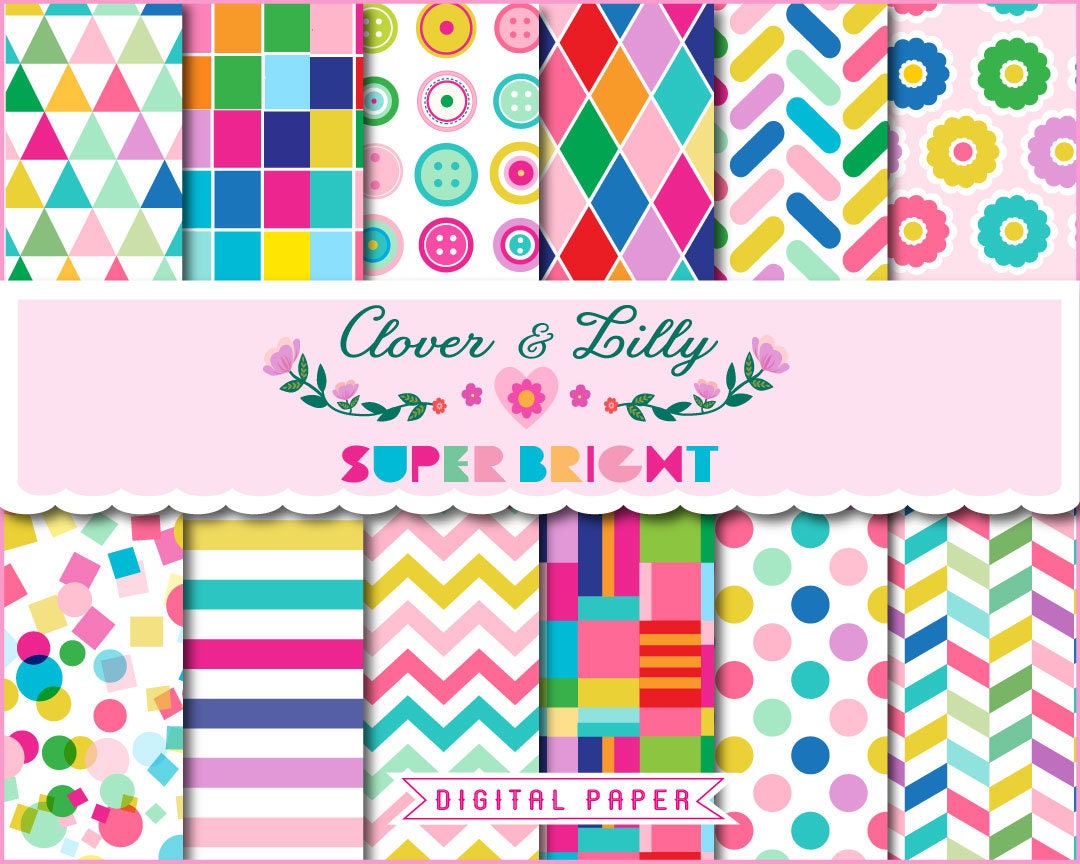 SUPER BRIGHT Digital Paper Colorful, Hot Pink, Purple, Orange ...