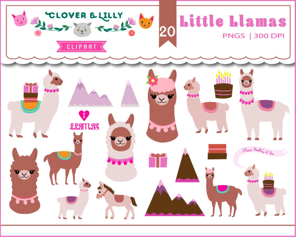 Llama Clipart Cute Llamas Clip Art Burro Birthday Card - Etsy