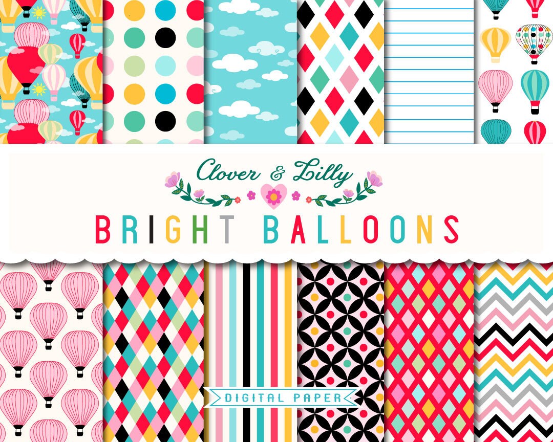 Hot Air Balloons Digital Papers Balloons Bright Colors - Etsy