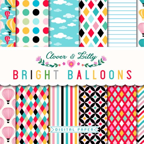 Hot Air Balloons Digital Papers Balloons Bright Colors - Etsy