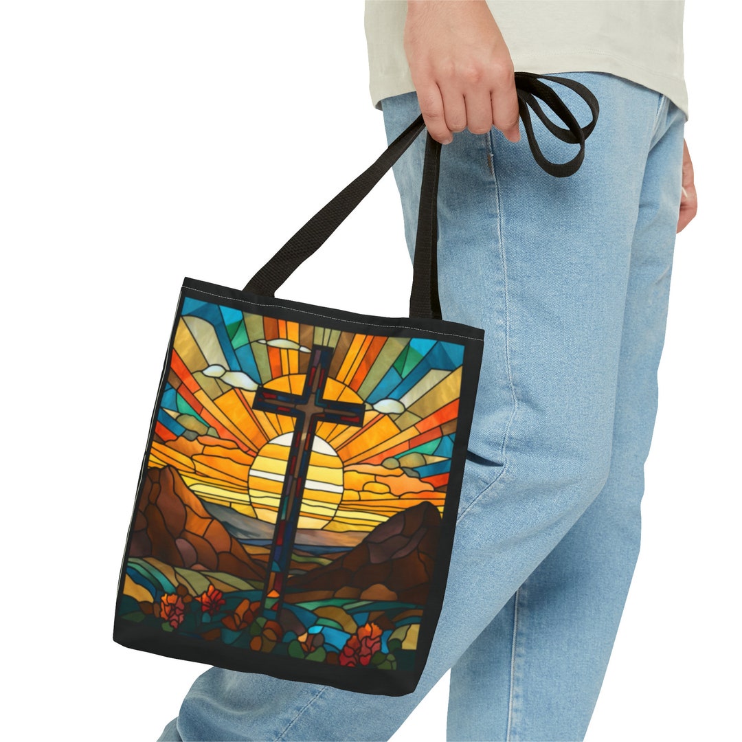 Crucifix Tote Bag Stained Class Cross Tote Bag - Etsy