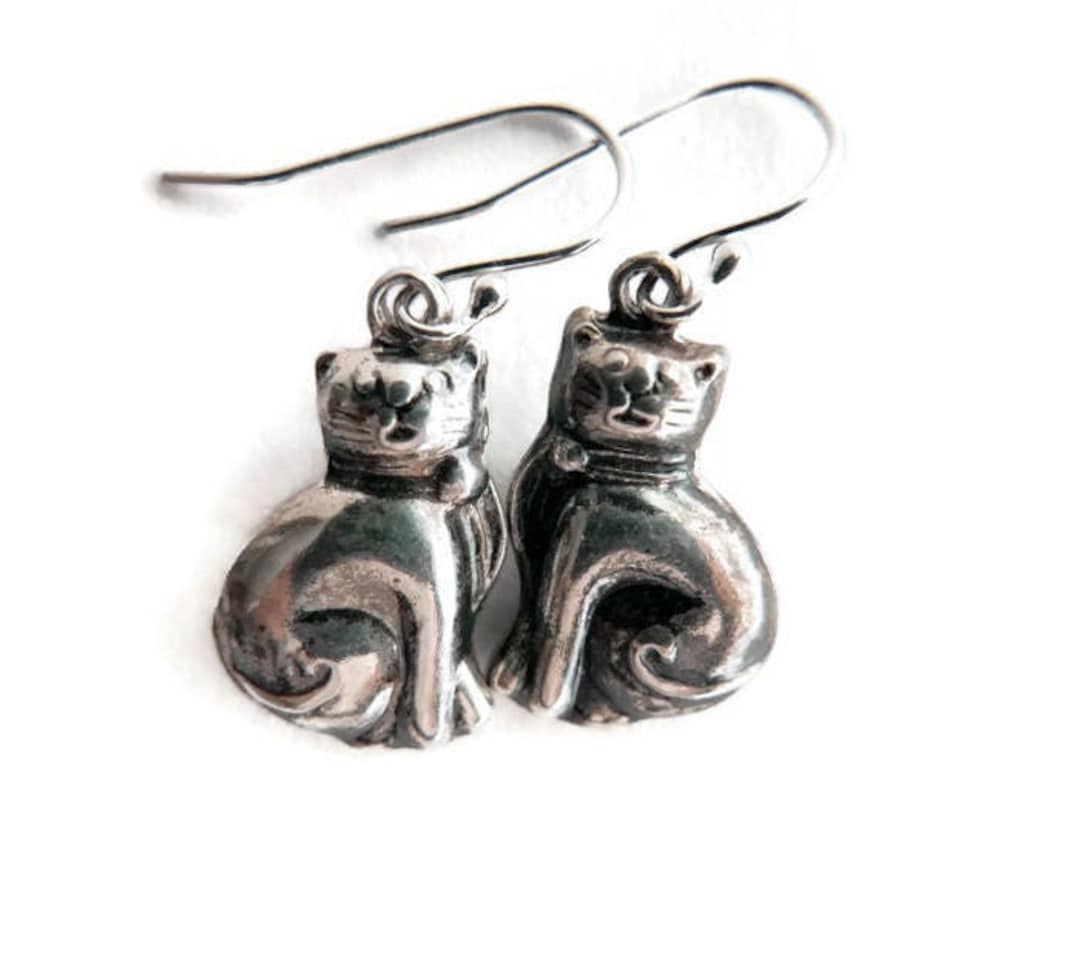 Kitty Cat Earrings. Sterling Silver. Cat Charm. Kitten Earrings. 925 ...