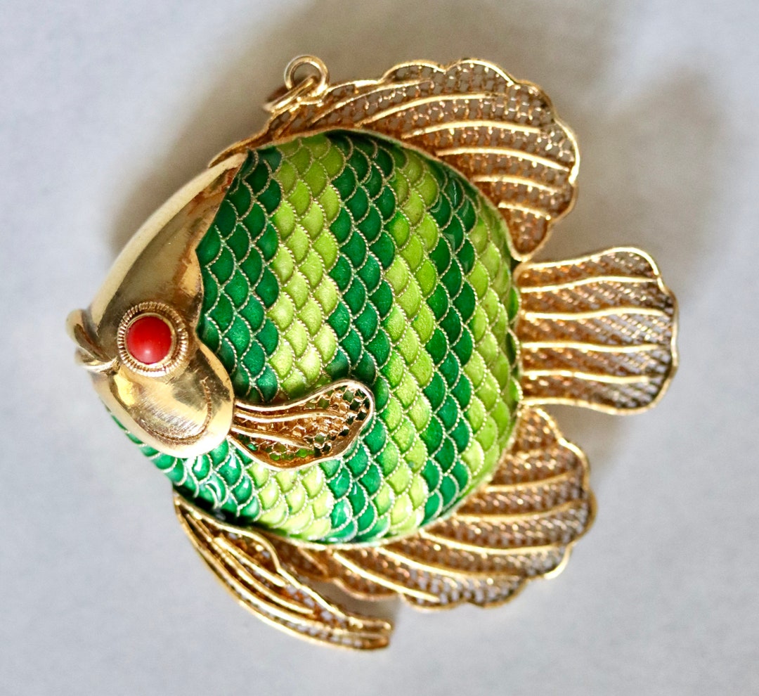 Fish Brooch, Pendant Pin, Enamel Gold, Silver, Chinese Export, Angel ...