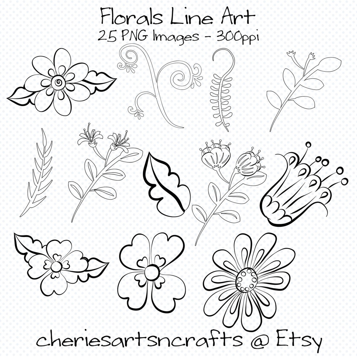 Line Art Flowers Clipart PNG Flowers You Color Floral - Etsy