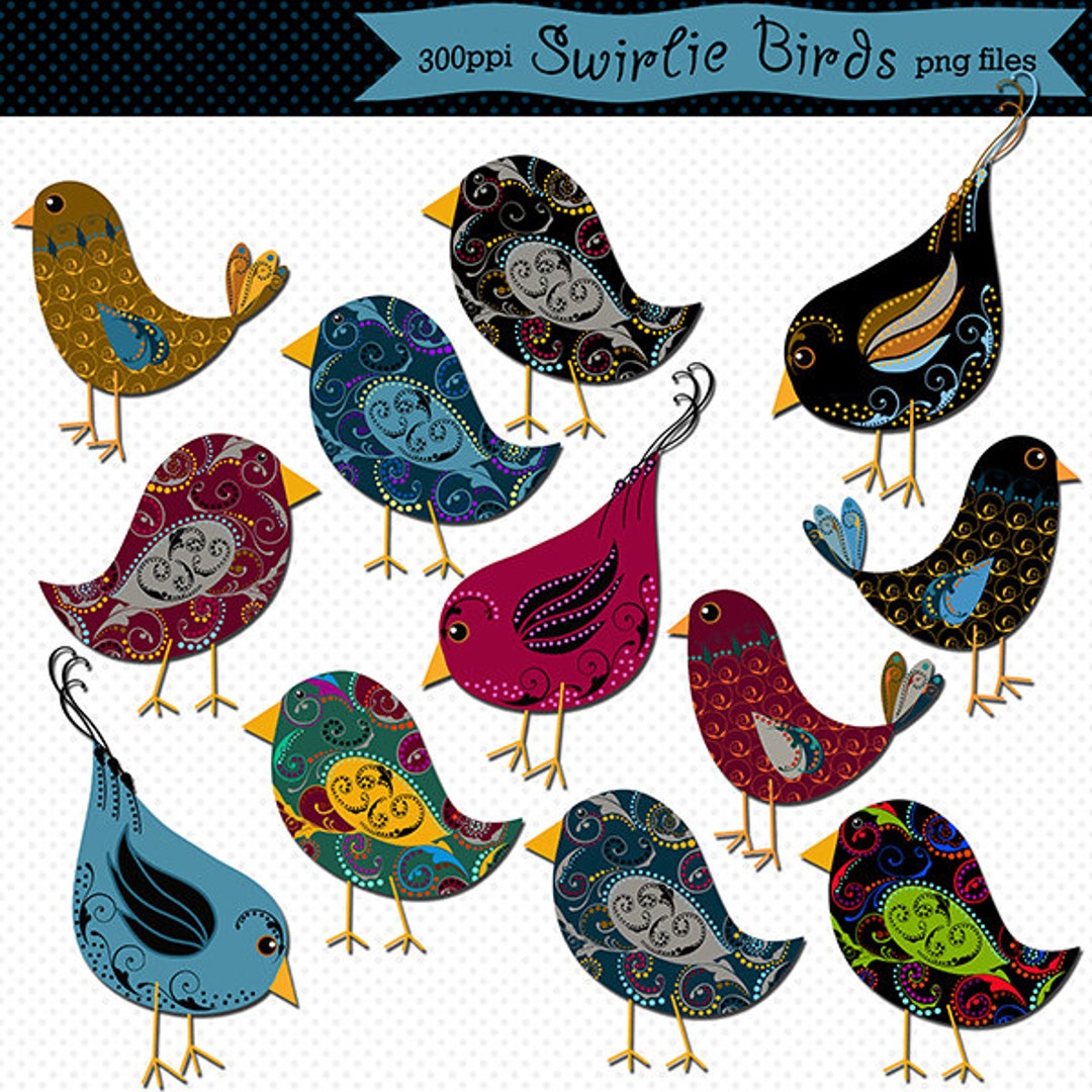 Birds Clipart, Birds, Pretty Bird Clip Art Set, Swirls and Curls, Cute ...