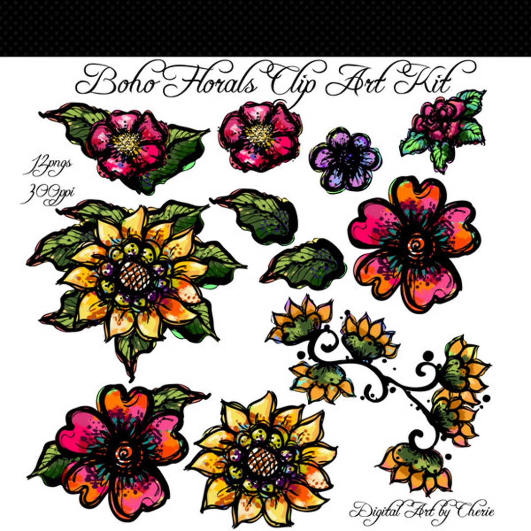 Boho Flowers Clip Art | Bohemian Style Floral Clipart | Floral Cliipart ...