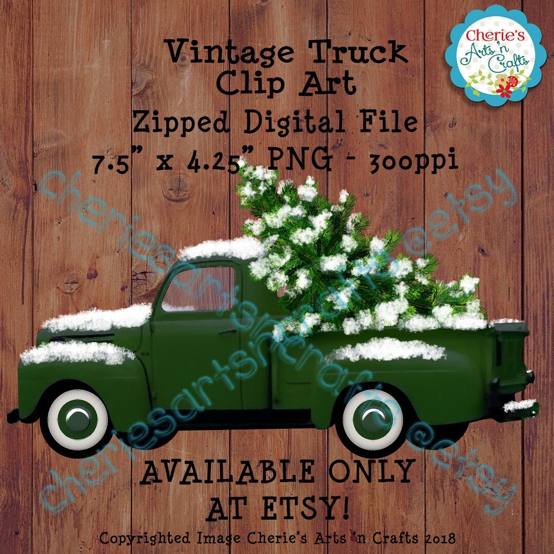 Vintage Green Truck Christmas Tree Snow Clipart Vintage - Etsy