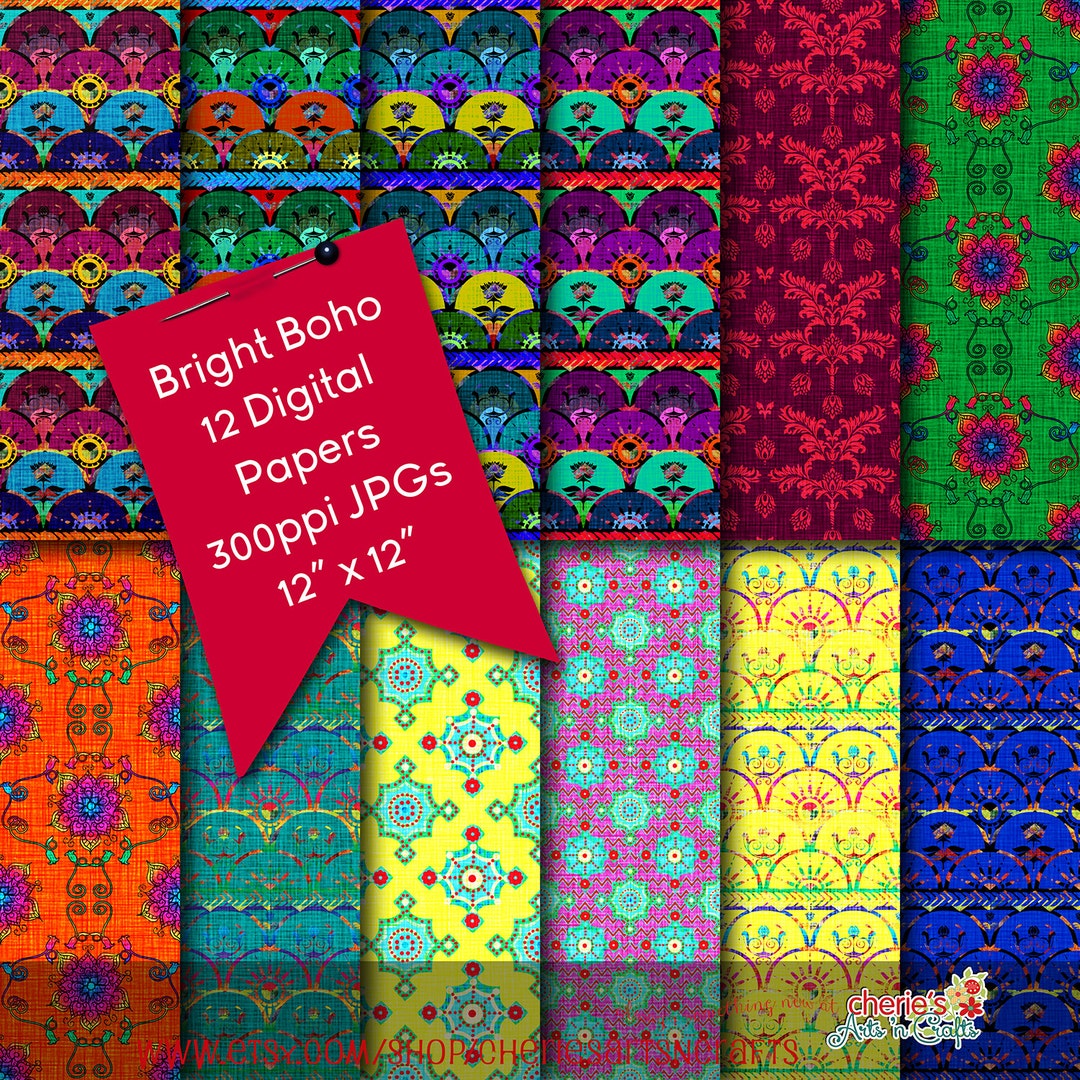 Boho Digital Papers, Bright Boho Digital Scrapbook Backgrounds, Digital ...
