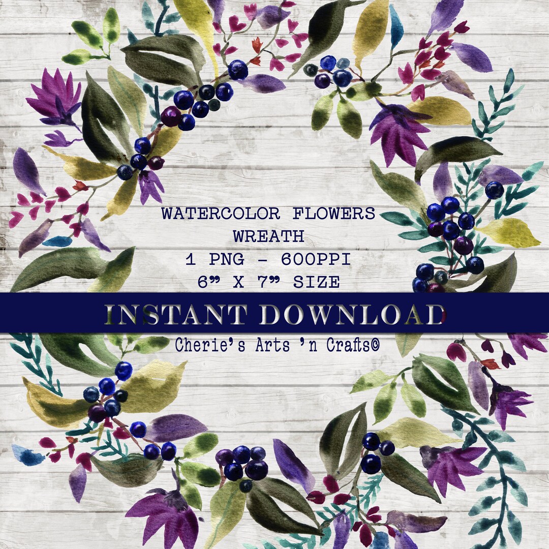 Watercolor Floral Wreath PNG File Generously Sized Scanned Art ...