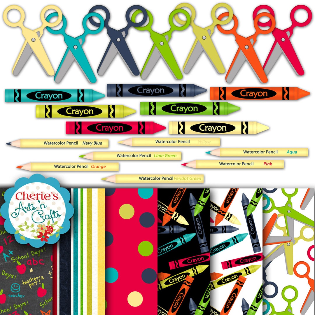 Coloring Crayons, Scissors, Watercolor Pencils Clip Art and Digital ...