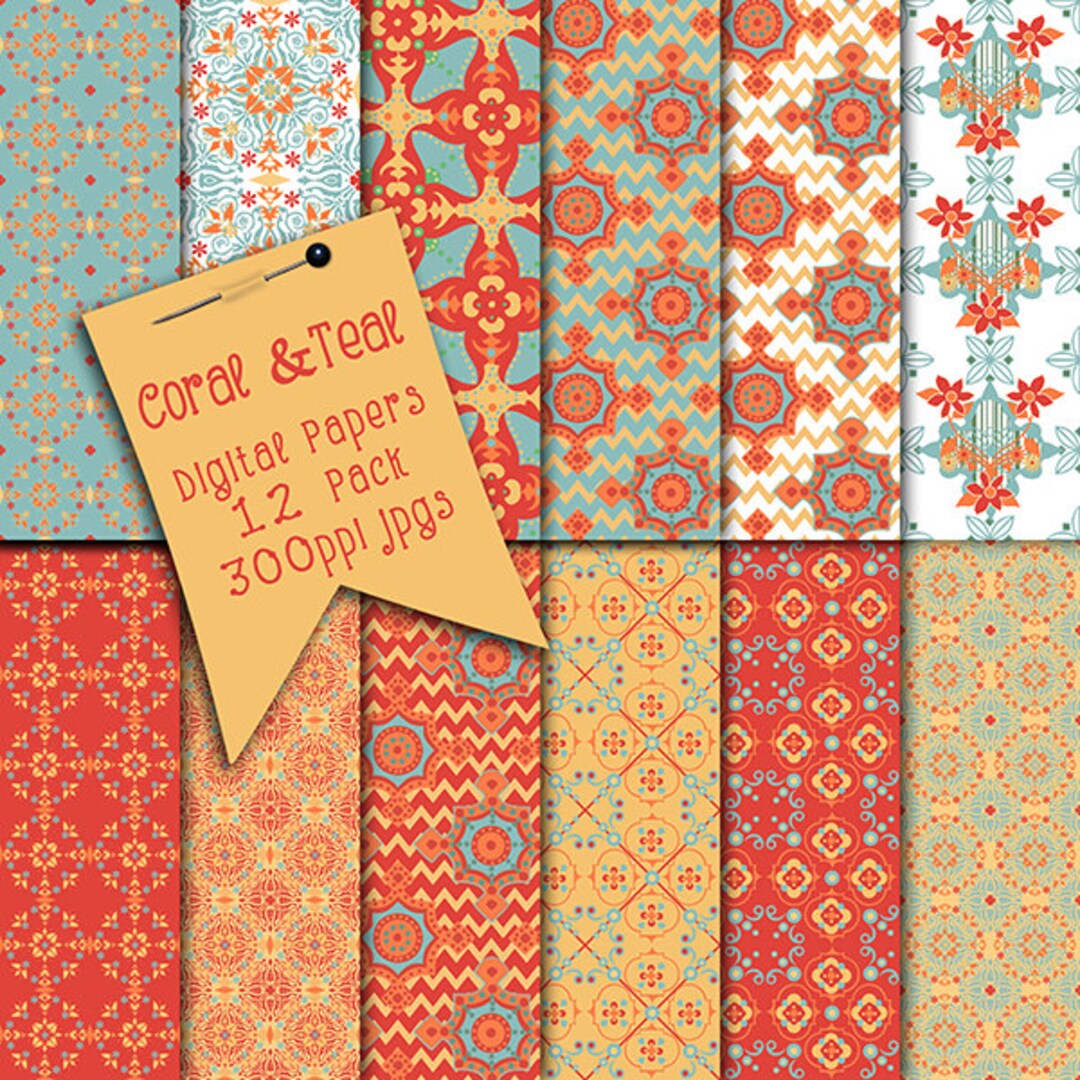 Coral & Teal Digital Paper Pack: Scrapbooking Graphics (digital ...