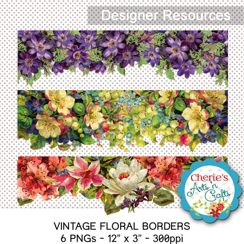 Vintage Flowers Borders 12 Wide PNG Floral Digital | Etsy