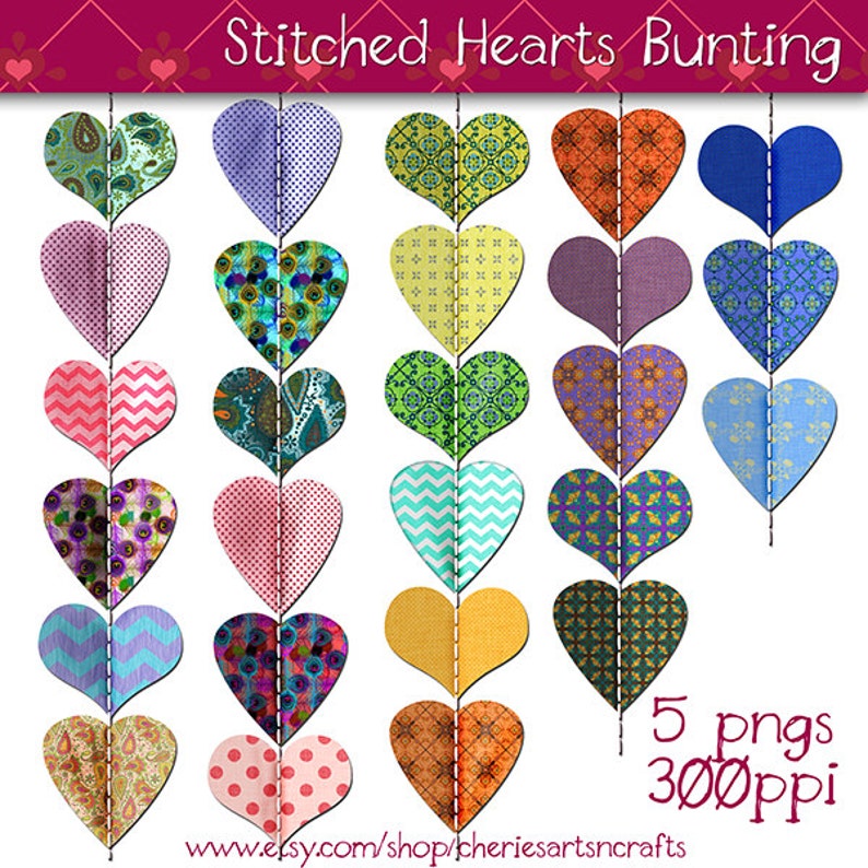 Bunting Clip Art Stitched Hearts Bunting Digital | Etsy