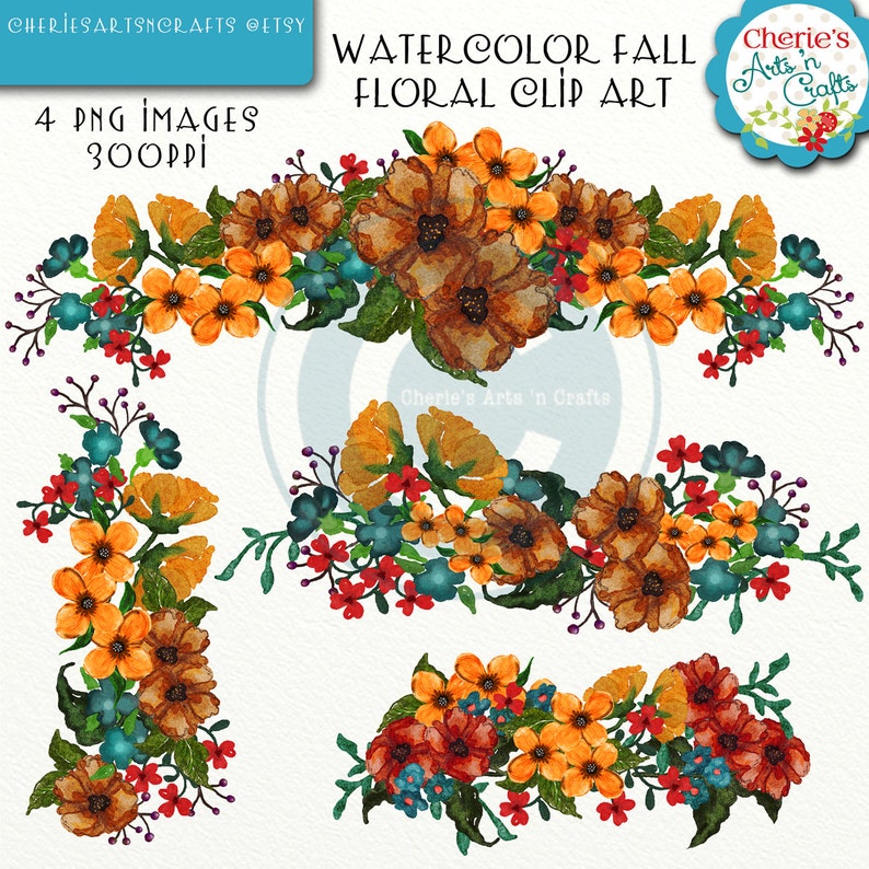Watercolor Fall Floral Swags Clip Art Floral Graphics - Etsy