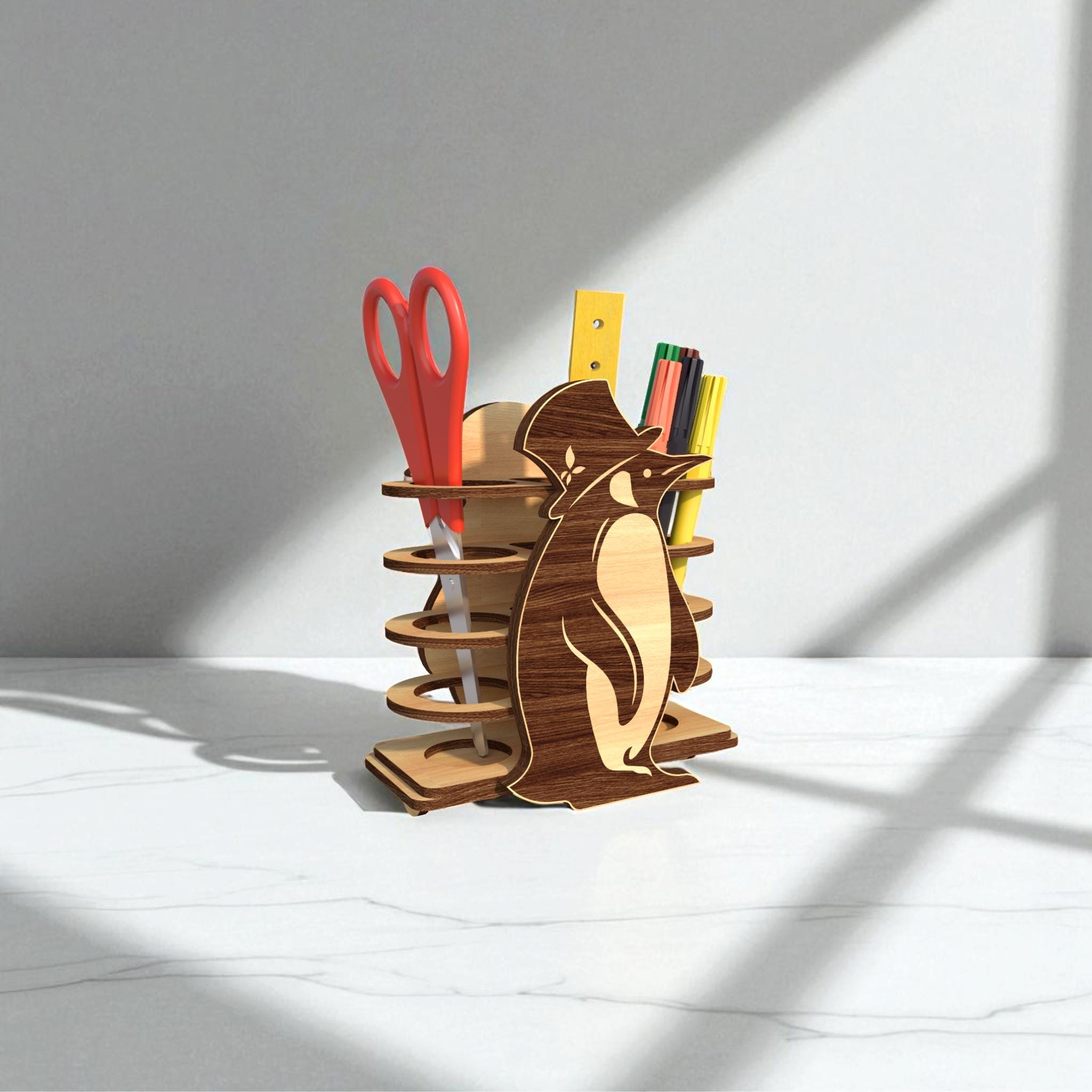 Wooden Penguin Pen Holder Laser Cut, Back to School, Gift, Desk Storage, Laser Pen Holder ...