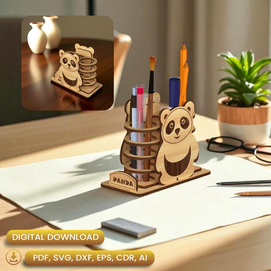 Cute Panda Pen Holder Laser Cut, Back to School, Gift, Desk Storage, Laser Pen Holder, Office ...