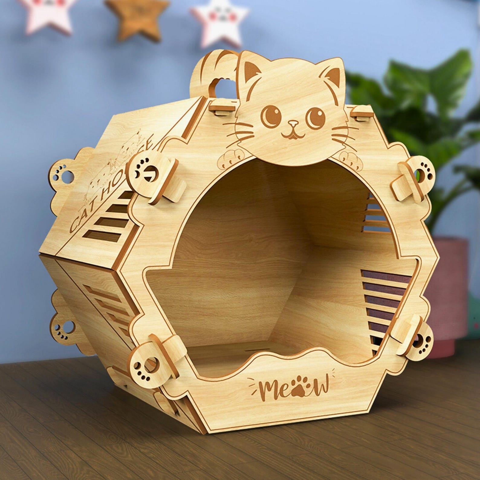 Hexagon Wooden Cat House Laser Cut, Gifts for Pets, Pet House Svg, Cat ...