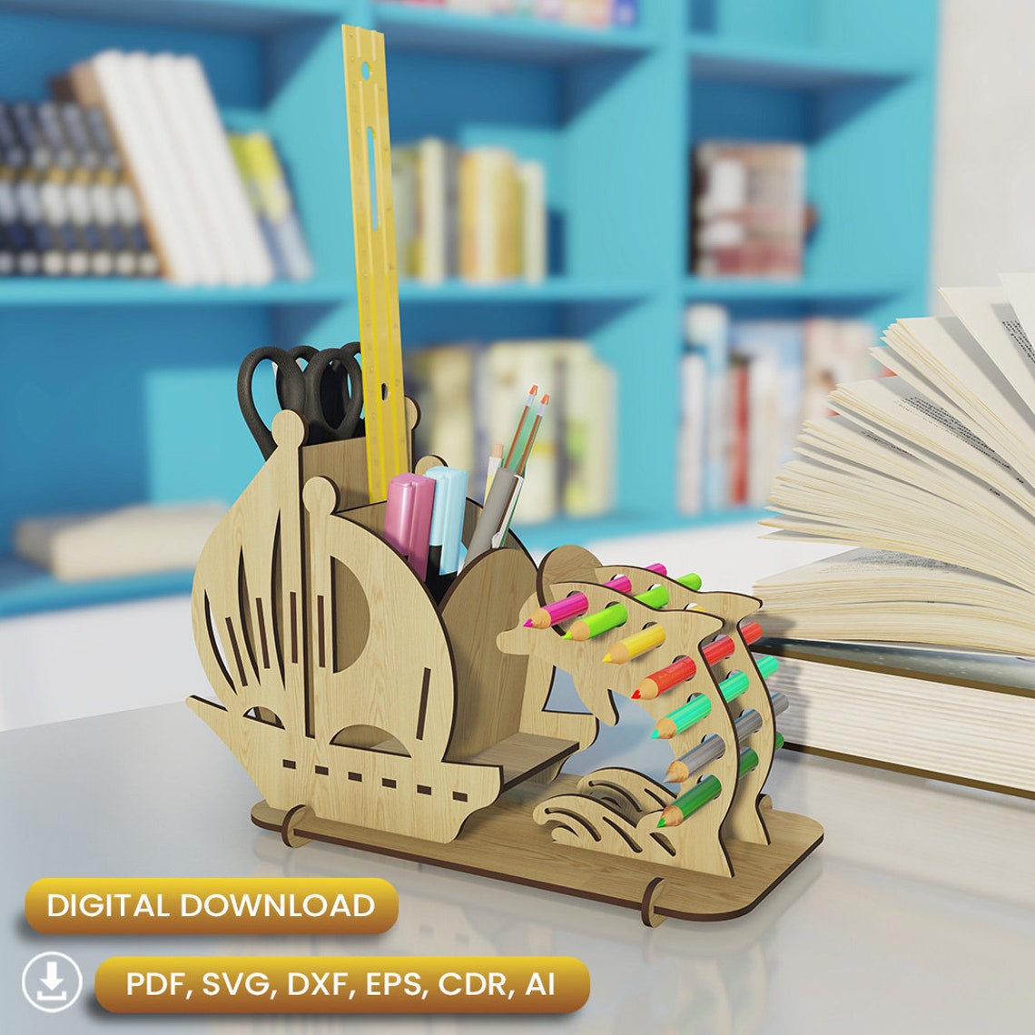Dolphin Pen Holder, Laser Cut Wood Pencil Organizer SVG (digital ...