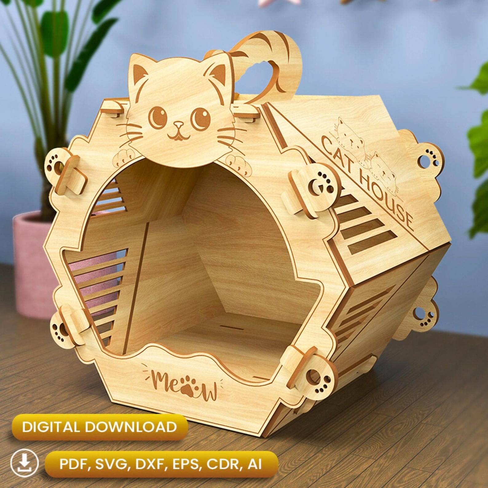 Hexagon Wooden Cat House Laser Cut, Gifts for Pets, Pet House Svg, Cat ...