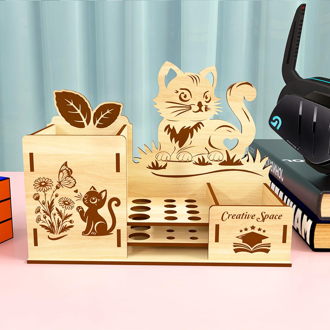 Cute Cat Pen Holder for Kids Laser Cut File, Pencil Box Svg, Cnc Pencil ...