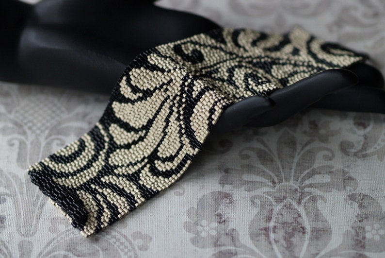 Damask / Wide Peyote Cuff / Beadwoven Bracelet / Black and - Etsy