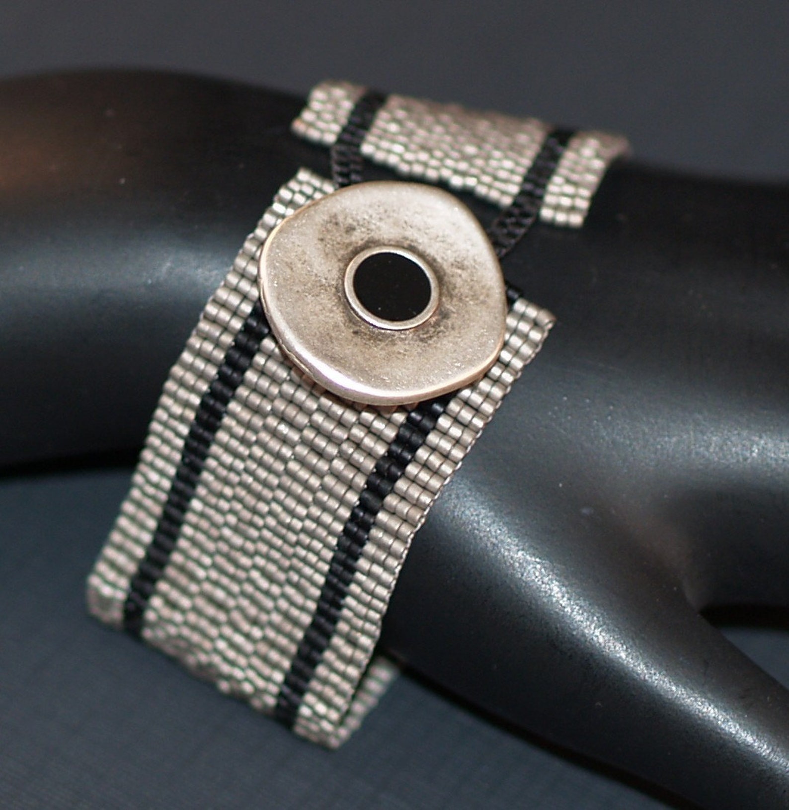 Iron Ore / Peyote Bracelet Beadwoven Cuff Matte Steel Black Metallic ...