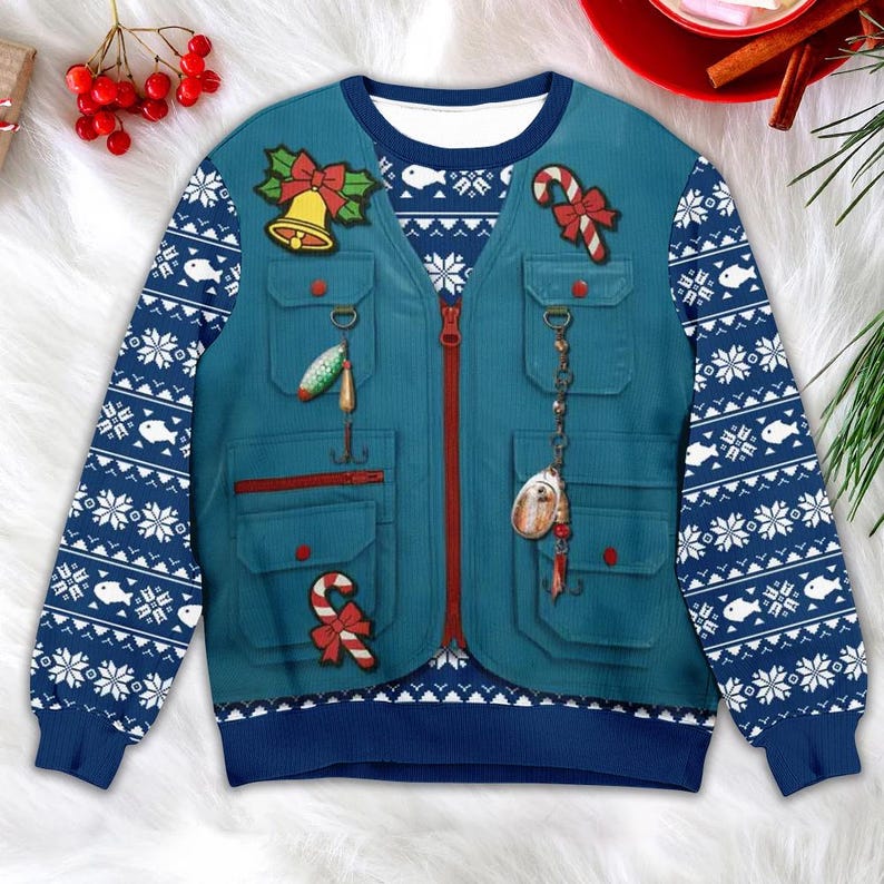 Custom Fishing Photo Ugly Christmas Sweater, Funny Merry Fishmas Gift ...
