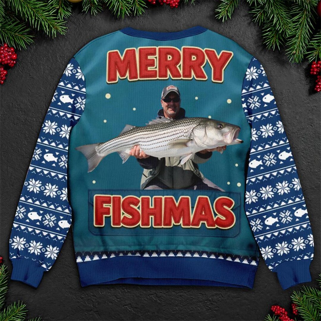 Custom Fishing Photo Ugly Christmas Sweater, Funny Merry Fishmas Gift ...