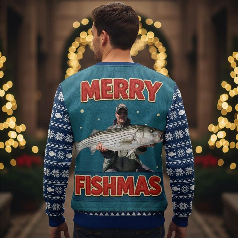 Custom Fishing Photo Ugly Christmas Sweater, Funny Merry Fishmas Gift ...