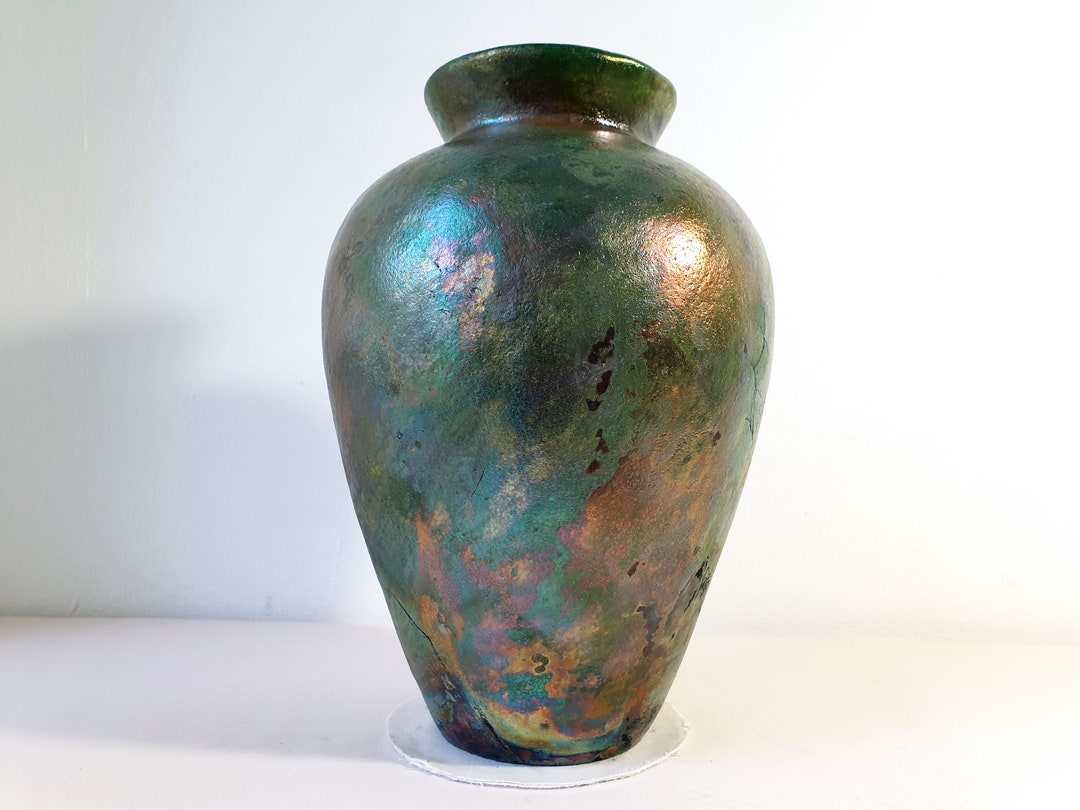 Handmade American Raku Vase, Large 2.5 L Vessel, Copper Sand Lustre ...