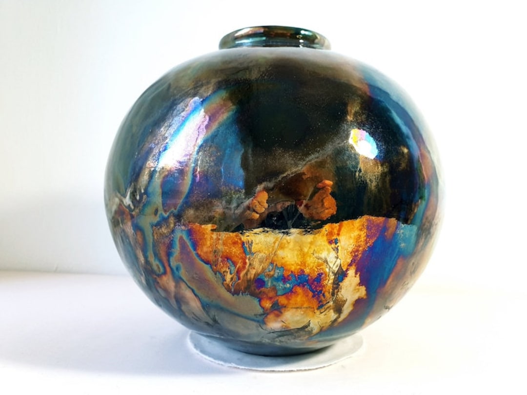 Golden Raku Vase With Silver and Cobalt , Large Raku Vase , 3 Liters ...