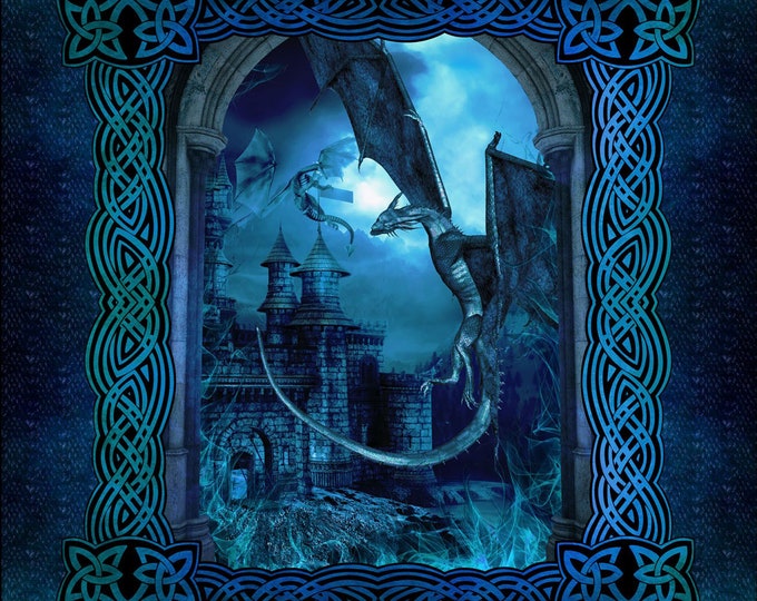 Blue Dragon Large Castle Fabric Panel in the Beginning Cotton Fabric by ...