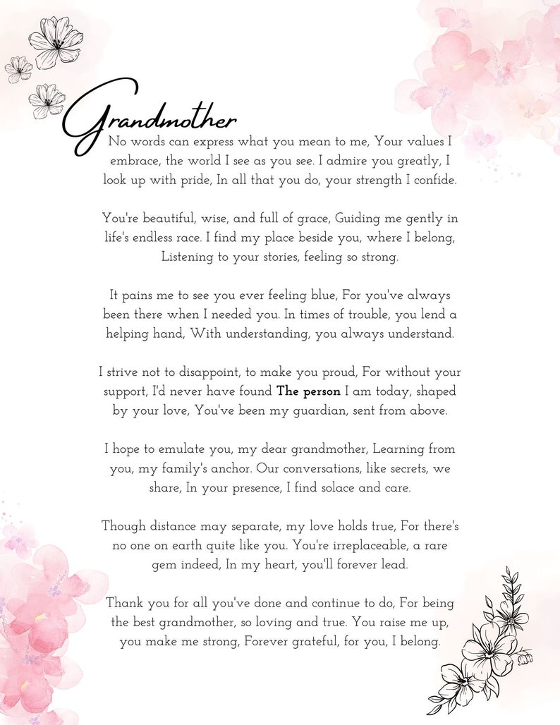 Grandmother Mother's Day Poem Print Out Instant Download - Etsy