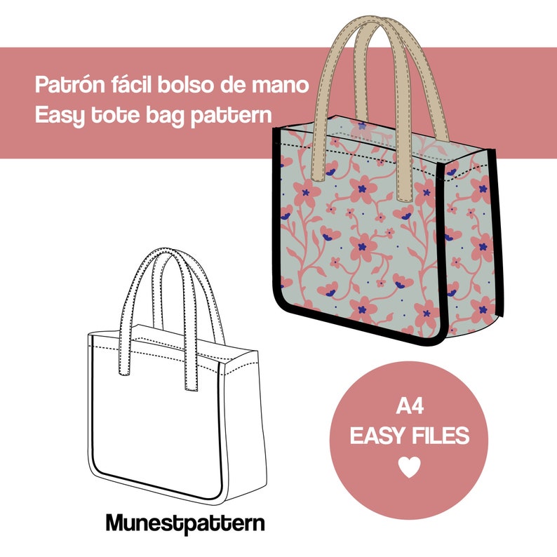 Patrón bolso tote pdf, patrón bolso de mano fácil, patrón bolso con asas, patrón para aprender a ...