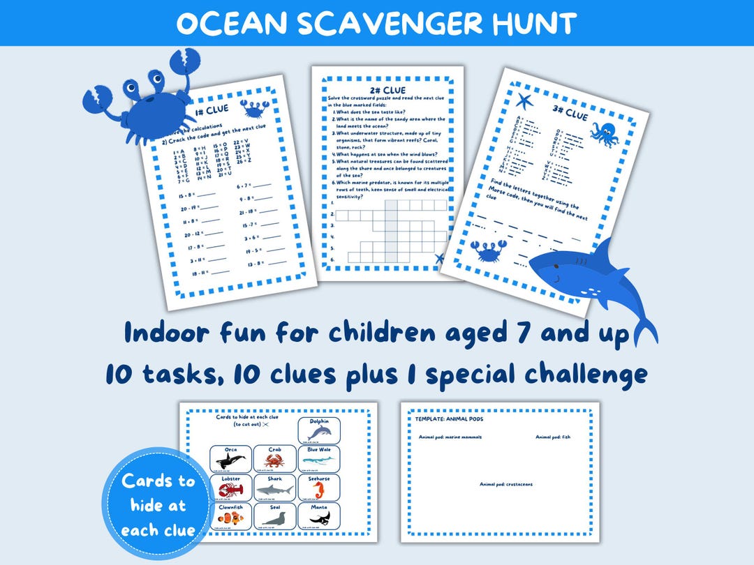 Ocean Scavenger Hunt for Kids 7+, Fun Indoor Treasure Hunt, PDF Puzzles ...