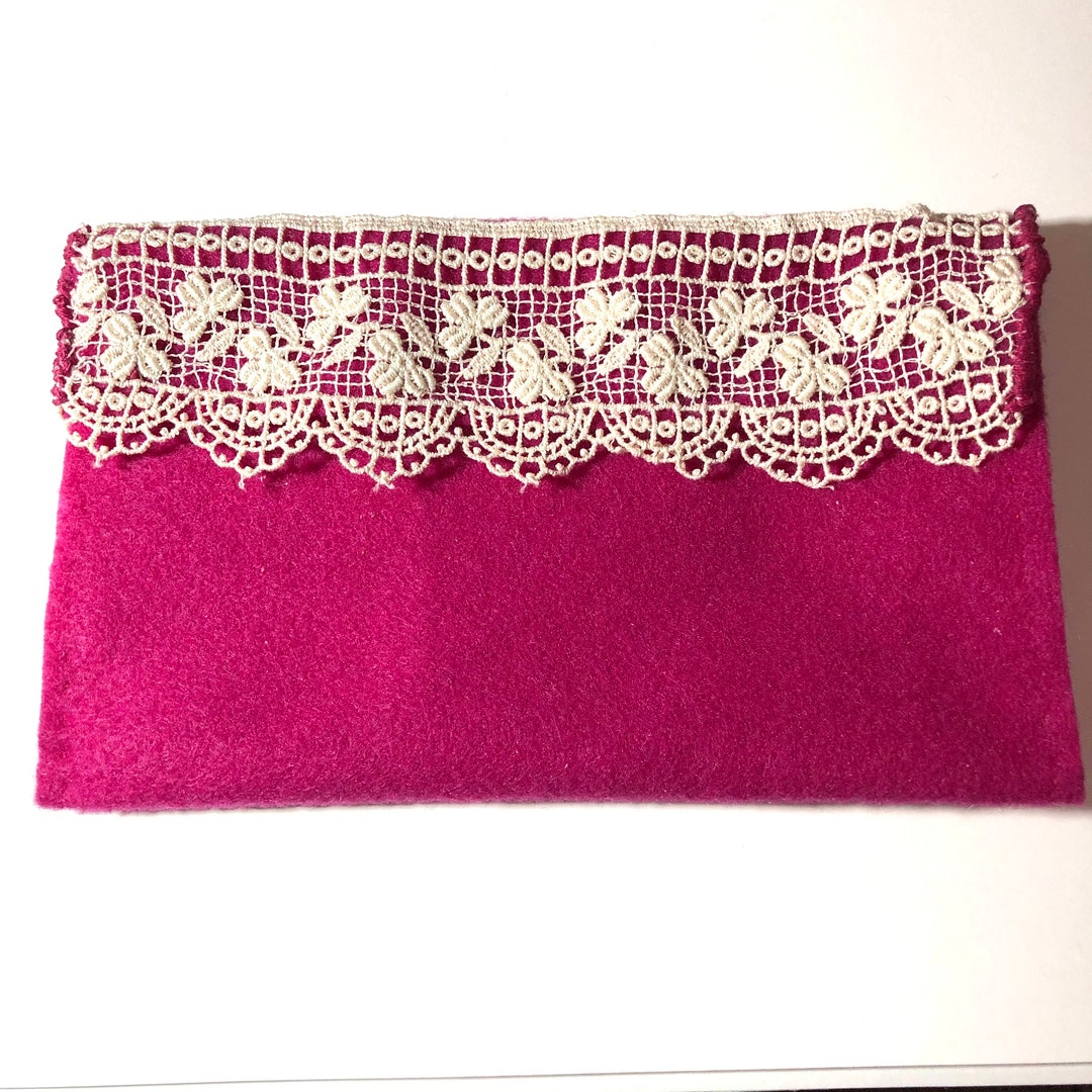 Handmade Hot Pink Felt Bag With Vintage Lace: Chic Clutch Purse, One of ...