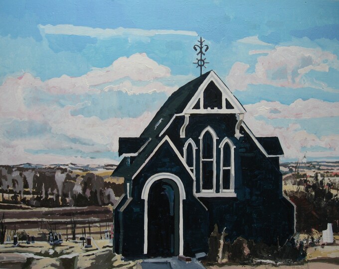 Pioneer Church in Spring, Contemporary Landscape Painting on Paper ...