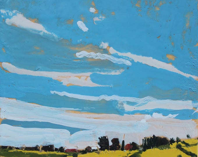 Original Encaustic Landscape Painting: Blue Sky at Horse Farm (8.25 X 8 ...