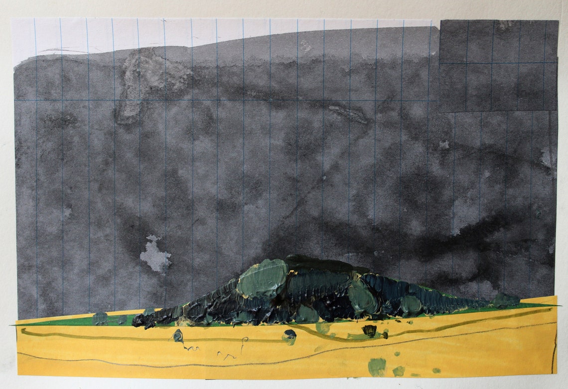 Original Small Landscape Collage Painting on Paper, "destination ...