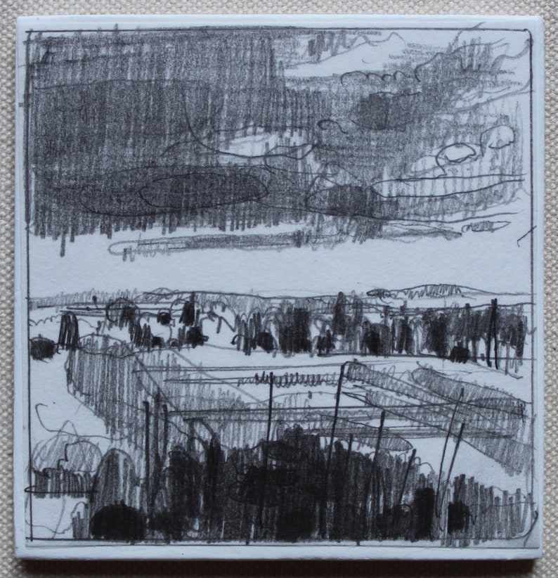 Evening Shadows, Original Small Plein Air Landscape Drawing on Panel ...