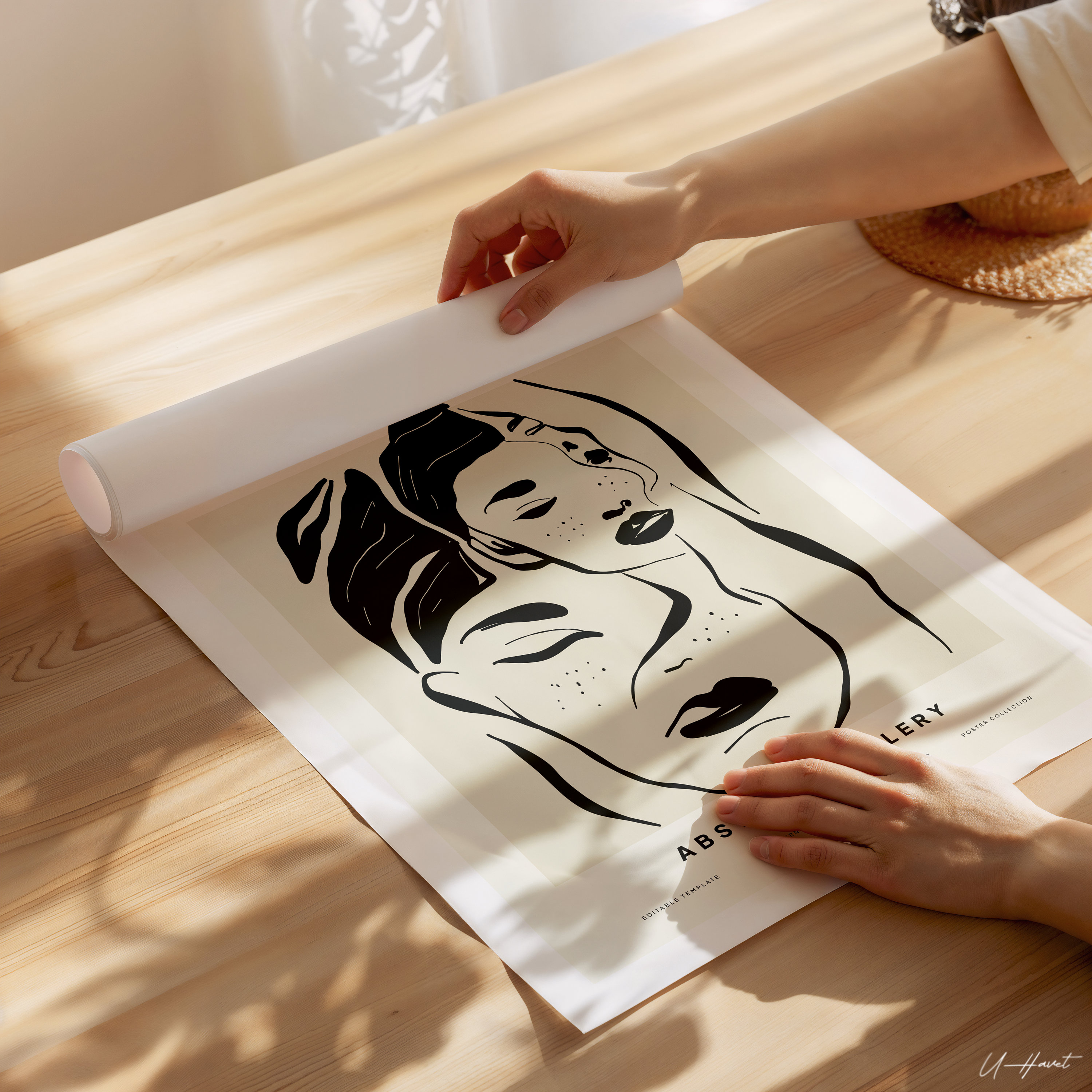 Maqueta de póster enrollado sobre la mesa con una persona en la ...