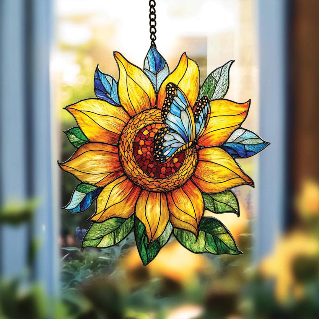 Sunflower Acrylic Suncatcher, Window Hanging Floral Pendant, Butterfly ...