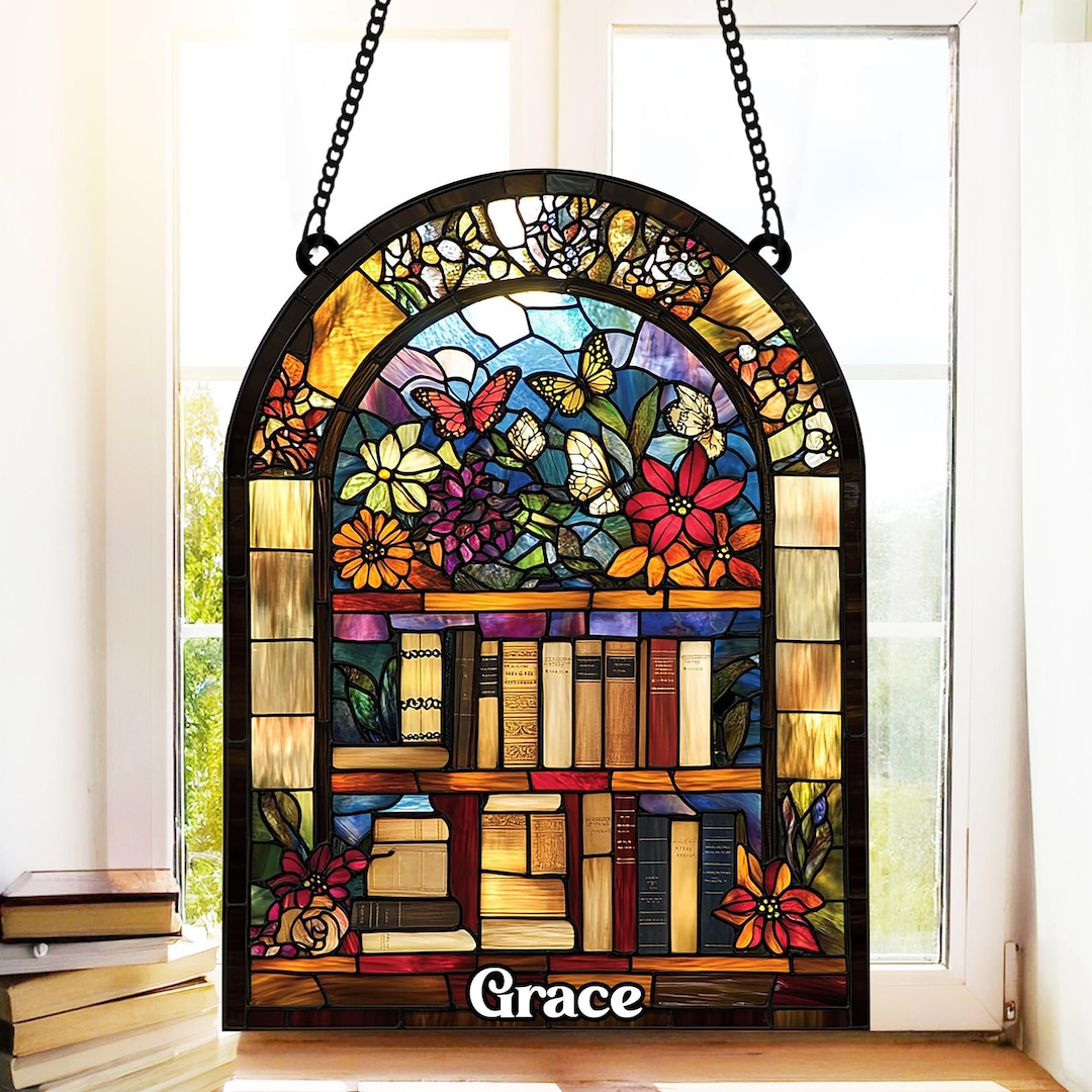 Faux Stained Glass Library Suncatcher, Book Lover Window Hanging ...