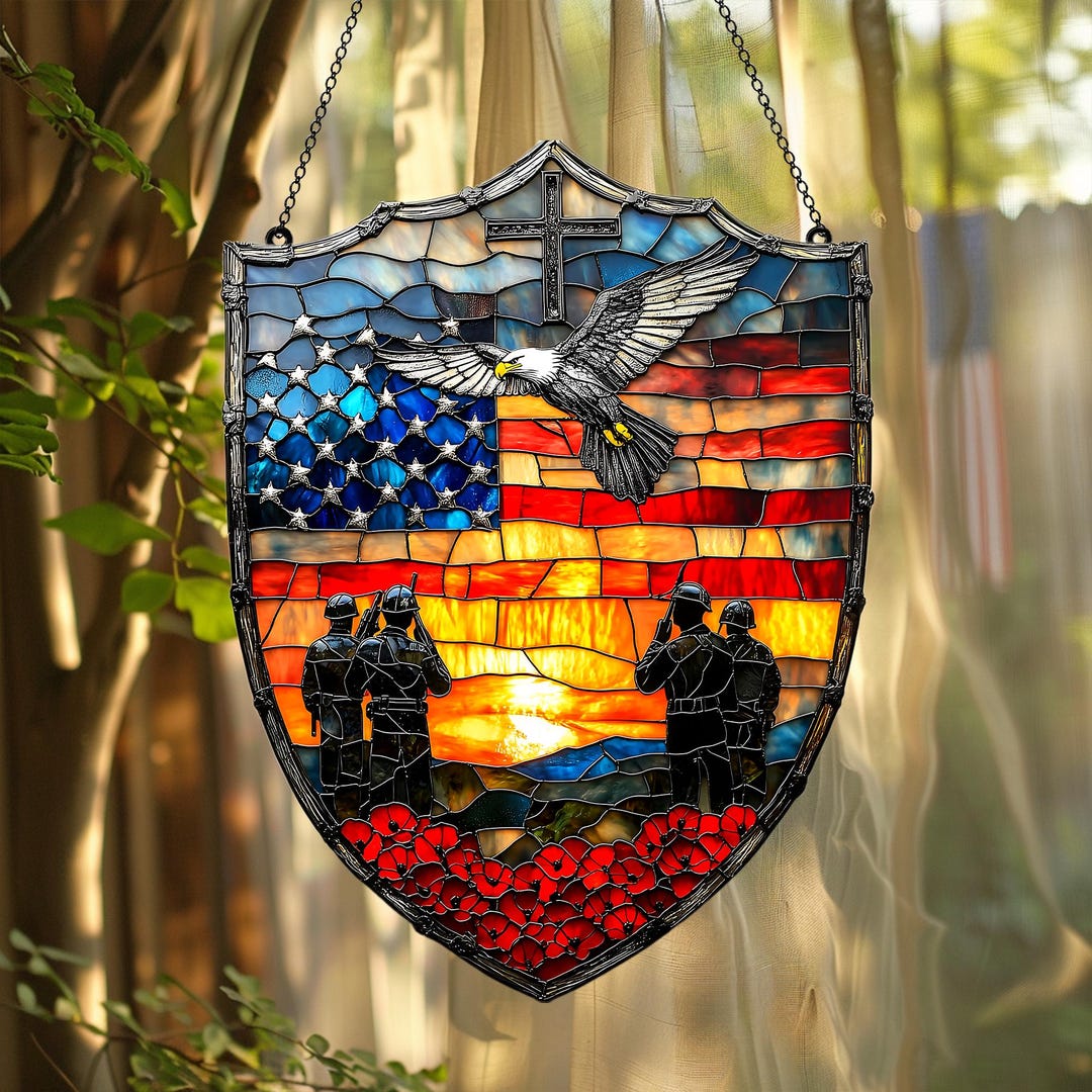 Memorial Day Stained Glass Suncatcher, Patriotic Veterans Cross Acrylic ...