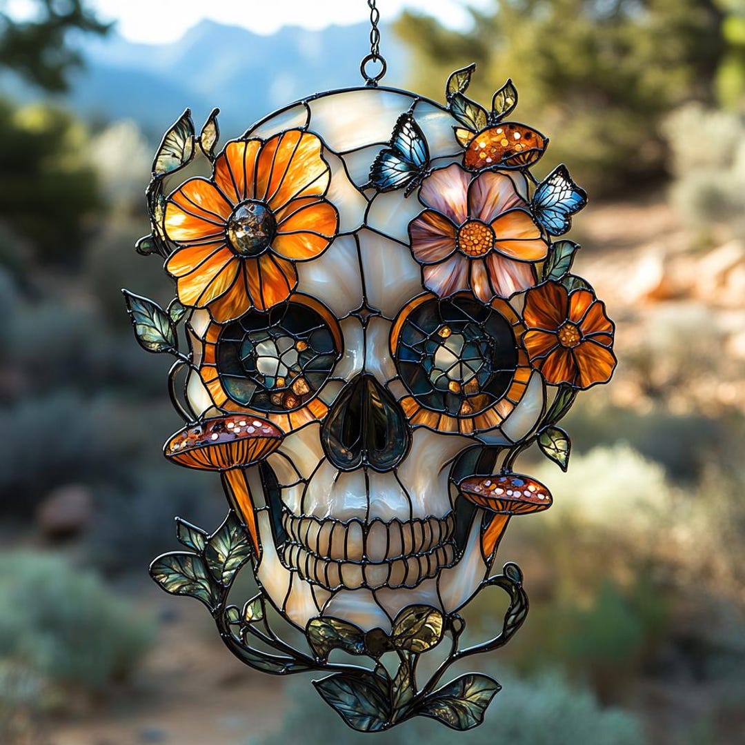 Floral Mushroom Skull Suncatcher – Acrylic Faux Stained Glass Window ...