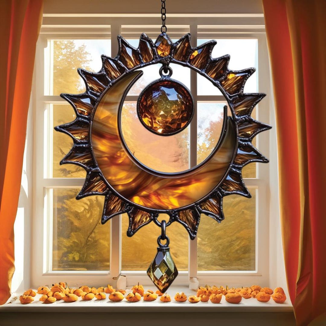 Amber Crescent Moon Suncatcher – Faux Stained Glass Window Hanging - Etsy