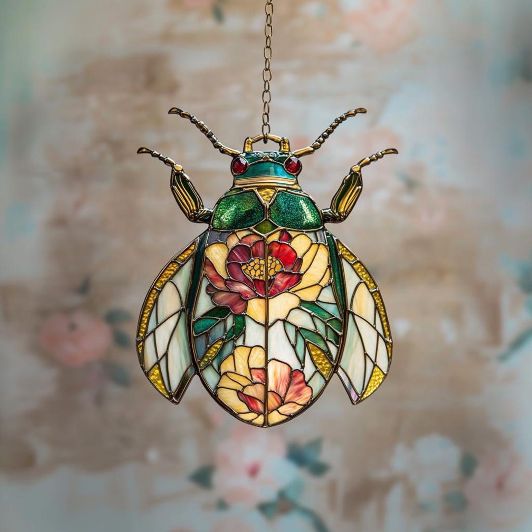 Floral Beetle Faux Stained Glass Suncatcher, Nature Insect Window ...