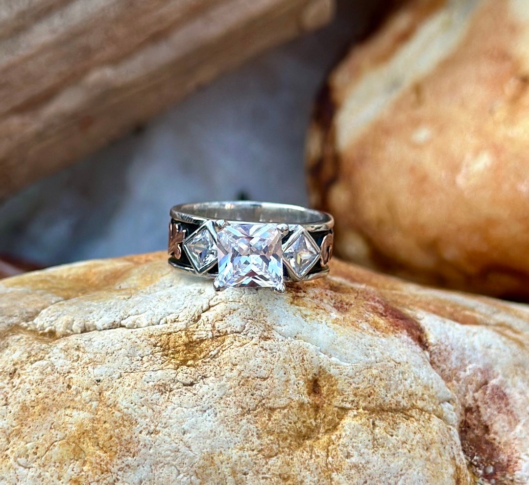 Sterling Silver Ring With 10K Gold Scrolling and CZ Stones - Etsy