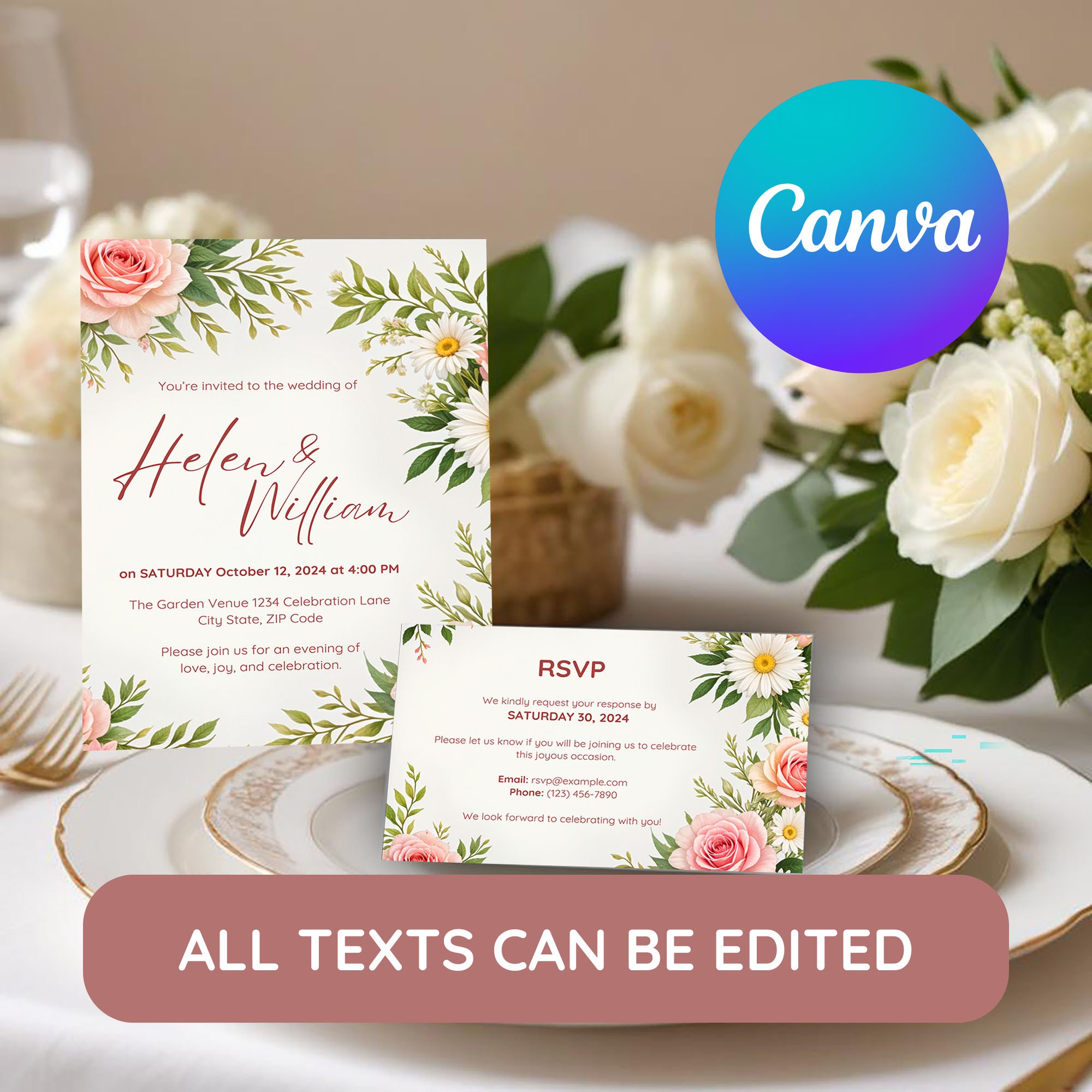 Elegant Wedding Invitation Suite Editable Portrait Square Invitations ...