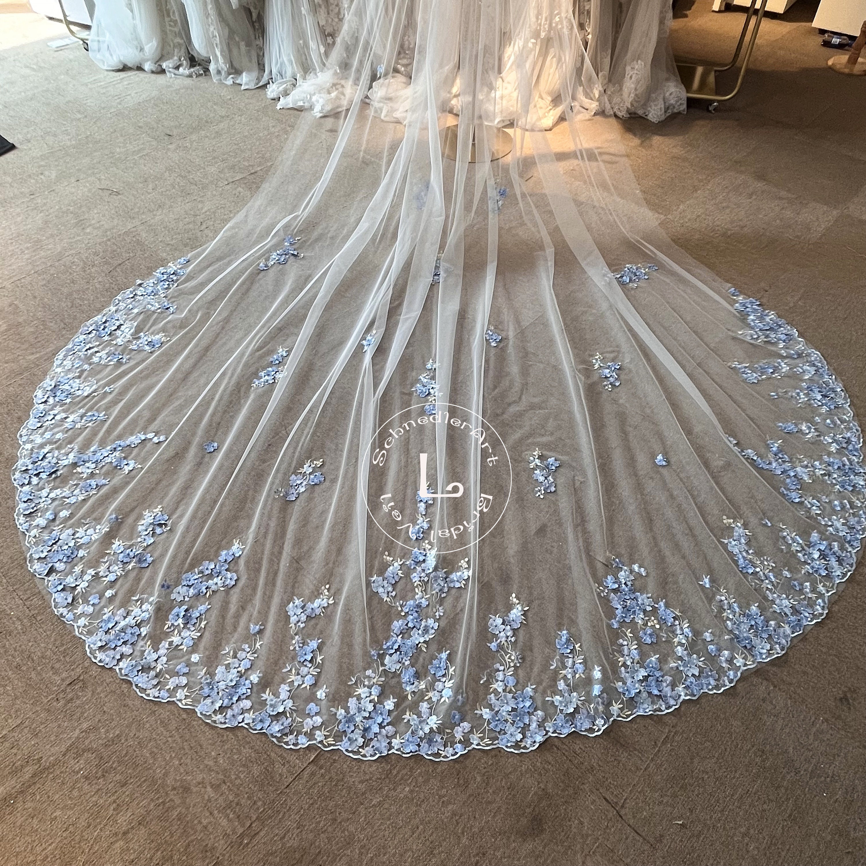 Luxury Sky Blue Flowery Edge Bridal Veil With Pearls,embroidery Veil ...